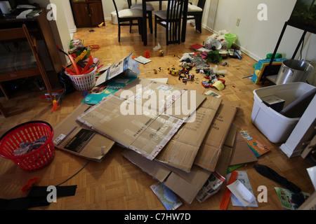 Untidy apartment room with cardboard boxes after moving Stock Photo - Alamy