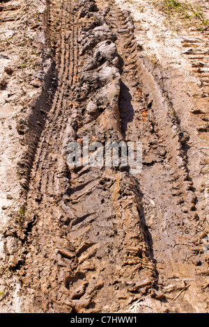 Closeup of a muddy rut in a road with people walking in the background ...