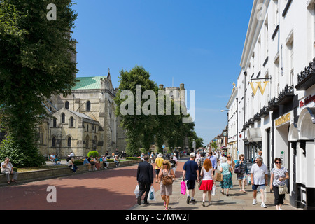 Cathedral and shops on West Street in the city centre, Chichester, West ...