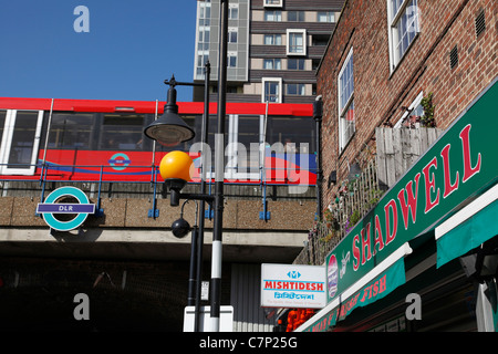 DLR train station by shops in Shadwell, east London,England,UK Stock ...