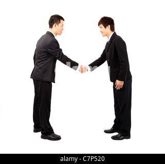 Japanese, business and people bow with handshake for meeting ...