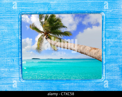 blue wood border frame with tropical Caribbean beach and hut Stock ...