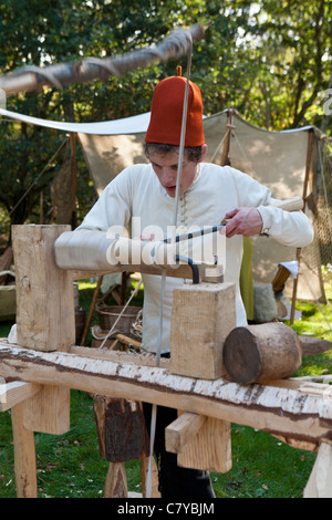 Turning wood on a medieval-style pole lathe. Sherwood Forest Country ...