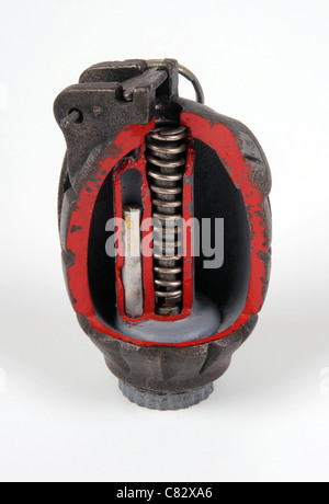 Hand grenade, Mills Bomb hand grenade, cut away showing the inner ...