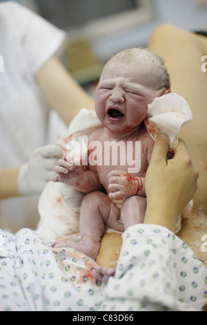 Baby on mother's chest immediately after birth in a hospital. The ...