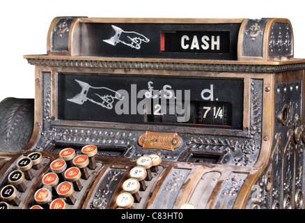 Antique style cash register with money coins and bills, isolated on ...