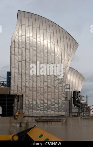 Tidal flooding defence flood gates closed across boat ramp entrance ...