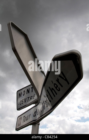 Damaged road sign in France, locals using the sign for target practice ...