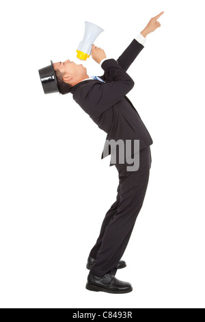 Young businessman employee holding megaphone at workplace Stock Photo ...