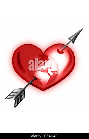 Earth inside of heart and arrow Stock Photo - Alamy