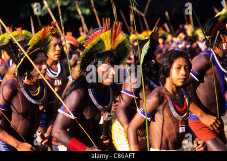 Altamira, Brazil. Kayapo Indians in a war dance with borduna clubs ...
