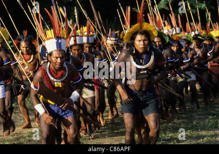 Altamira, Brazil. Group of Kayapo Indian warriors with blue bead ...