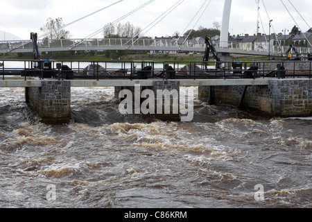 salmon gates at the ridgepool weir on the river moy flowing through the ...