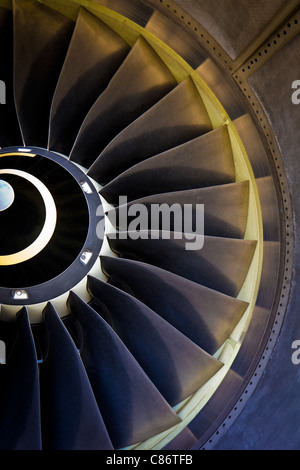 Closeup of the air inlet of an IAE V2500 turbofan engine showing the ...