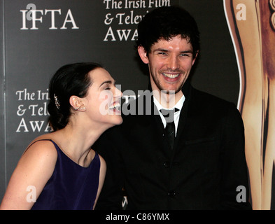 DUBLIN, IRELAND - FEBRUARY 14: Katie McGrath and Colin Morgan arrive at ...