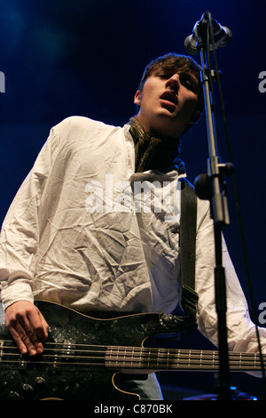 Kai Fish with the Mystery Jets performs on stage at the NME Brat Pack ...