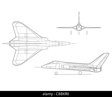 This line art drawing depicts a 3-view diagram of an aircraft, with ...