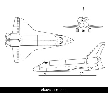 This line art drawing showcases the STS-Space Shuttle from three ...