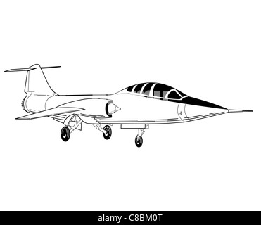 This line art drawing features three views of the F/A-18 Hornet, a ...