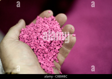 Recycled blue and white plastic "nurdles" (shredded plastic raw ...