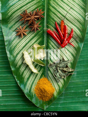 Selection of spices on palm leaf Stock Photo - Alamy