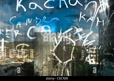 A devastated apartment block seen through an empty window in the Gipsy ...