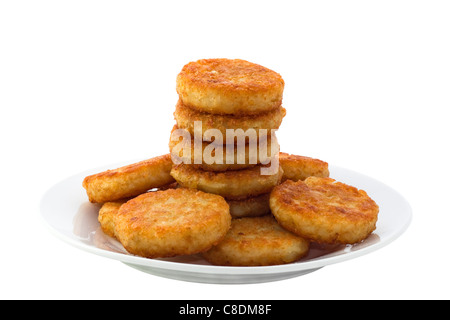 Hash browns on white plate. Image is isolated on white background Stock ...
