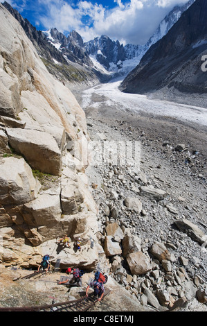 ladders on a rock face above Mer de Glace, Mont Blanc range, Chamonix ...