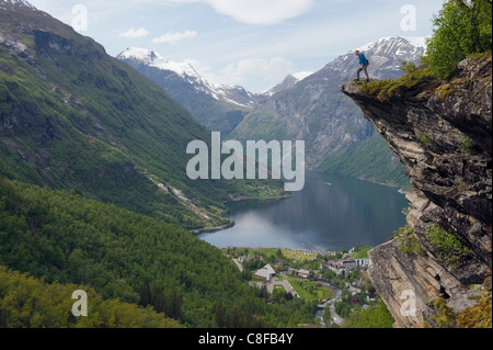 cliff top view over Geiranger Fjord, Unesco World Heritage site ...