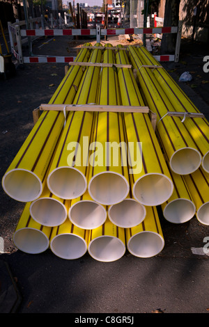 Installation of new gas pipes on a building site with a view down the ...