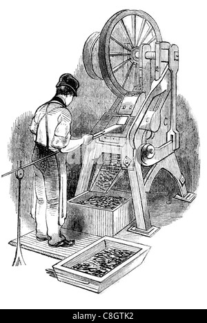 An old engraving of nail-making machine. It is from a Victorian ...