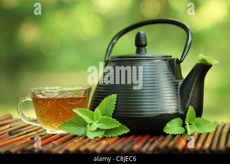 Brewed with hot water tea leaves of green tea, green tea during cooking ...