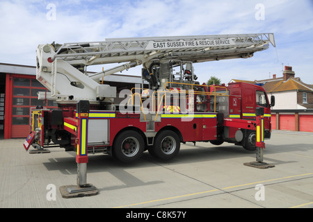 A fire engine demonstrates its capabilities at Eastbourne Fire Station ...
