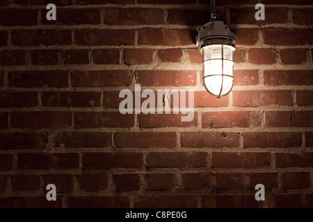 Creepy light bulb on textured red brick wall Stock Photo - Alamy