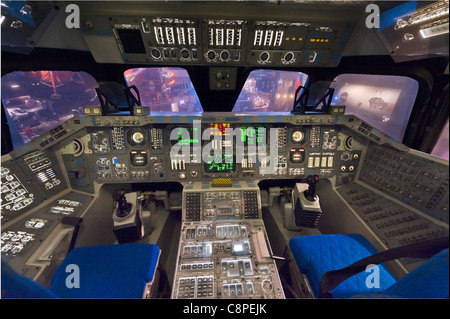 Flight Deck or cockpit space shuttle Atlantis looking towards pilots ...