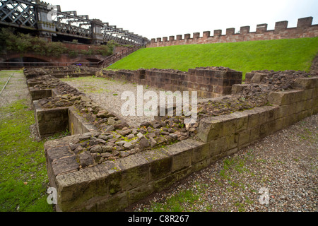 Remains and reconstructed wall of the Roman Fort near the river Irwell ...