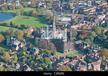 Aerial view of Lichfield Cathedral and city with Stowe Pool visible ...
