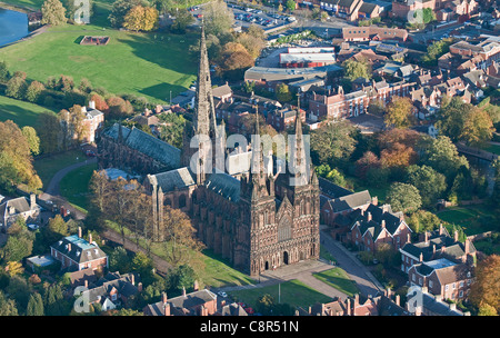 Aerial view of Lichfield Cathedral with its three spires Staffordshire ...