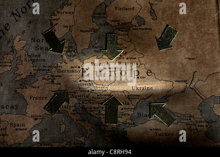 Close-up Of Golden Arrows With World Map Pointing Europe Stock Photo ...