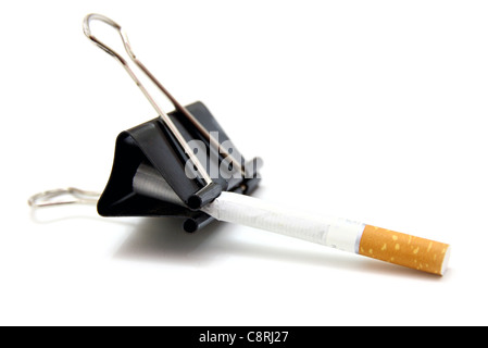 one broken cigarettes Black metal clip on a white background Stock ...