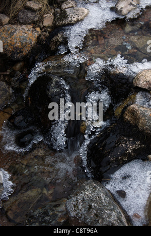 A snow-melt stream flowing down from Mt Toubkal near Imlil in the High ...