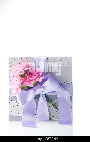 Small gift box wrapped pink and blue paper isolated on blue and pink ...
