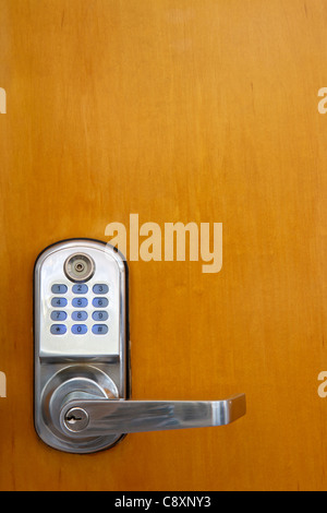 A lock with a keypad and security code on an outside gate leading to a ...