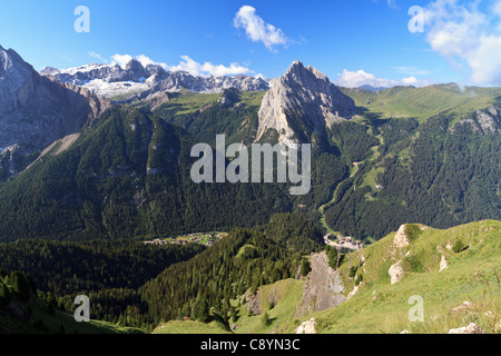 Summer view of Alba di Canazei, small town in Val di Fassa. Trentino ...
