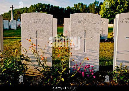 Close-up of headstones in a row (side view) in Commonwealth War Graves ...
