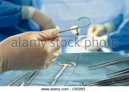 Surgical scissors on tray in operating room Stock Photo: 83591344 - Alamy