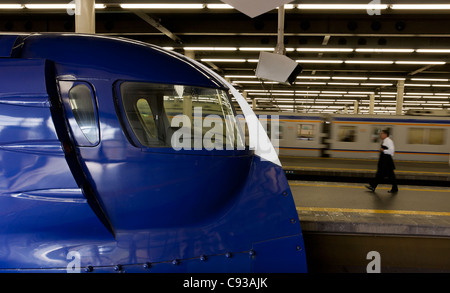 A Nankai 50000 series or Rapi:t train at a station in Osaka. This unusual looking train provides ...
