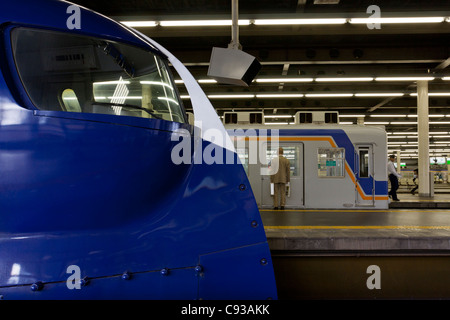 A Nankai 50000 series or Rapi:t train at a station in Osaka. This unusual looking train provides ...