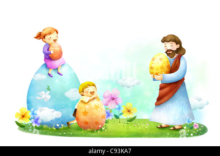 Jesus Christ standing with a boy and a girl Stock Photo - Alamy