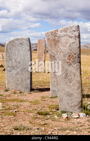 Ancient deer stones in the desert of Mongolia near Moron Stock Photo ...